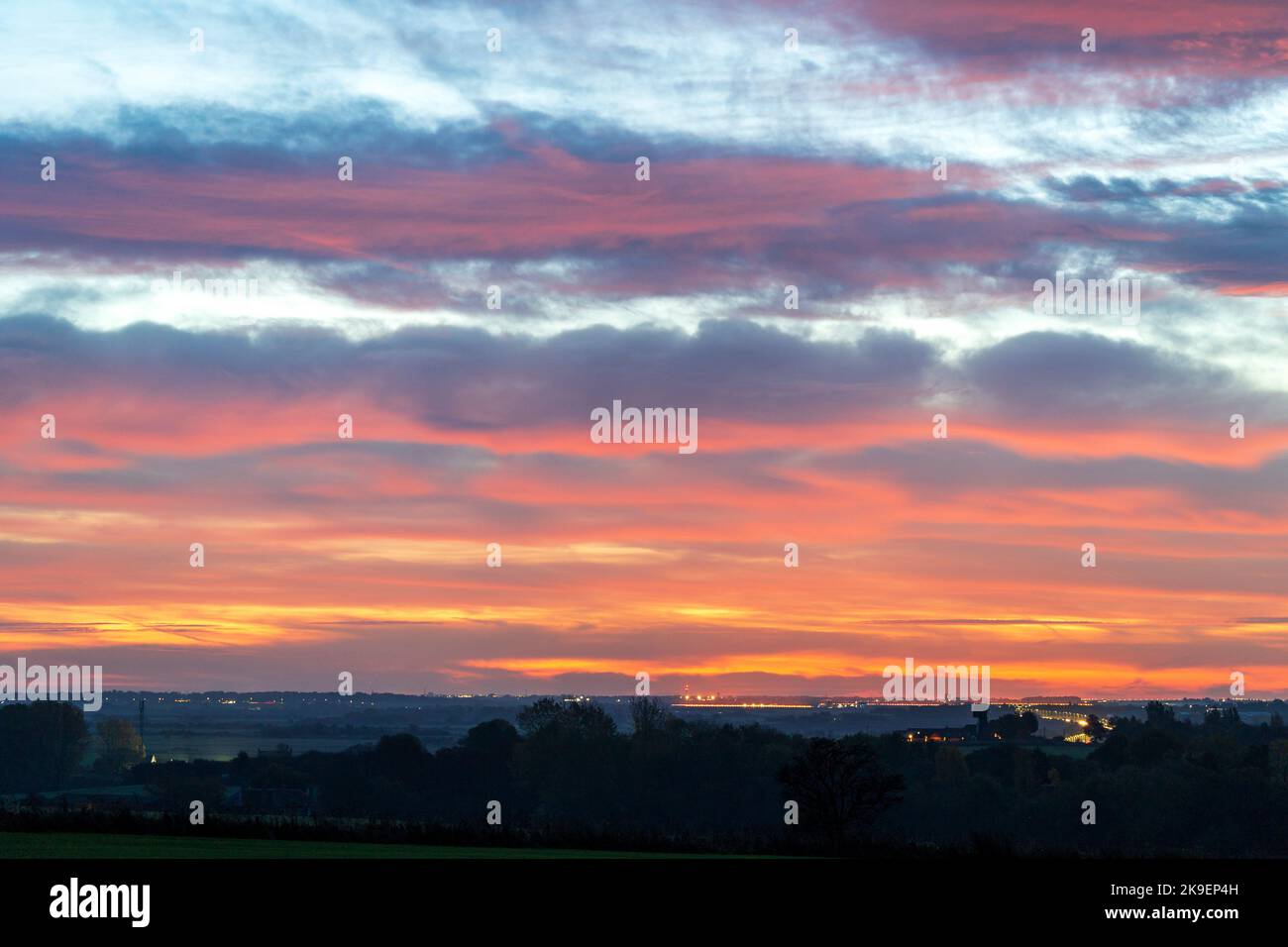 The dawn sky over the Kent landscape looking towards the Isle of Thanet ...