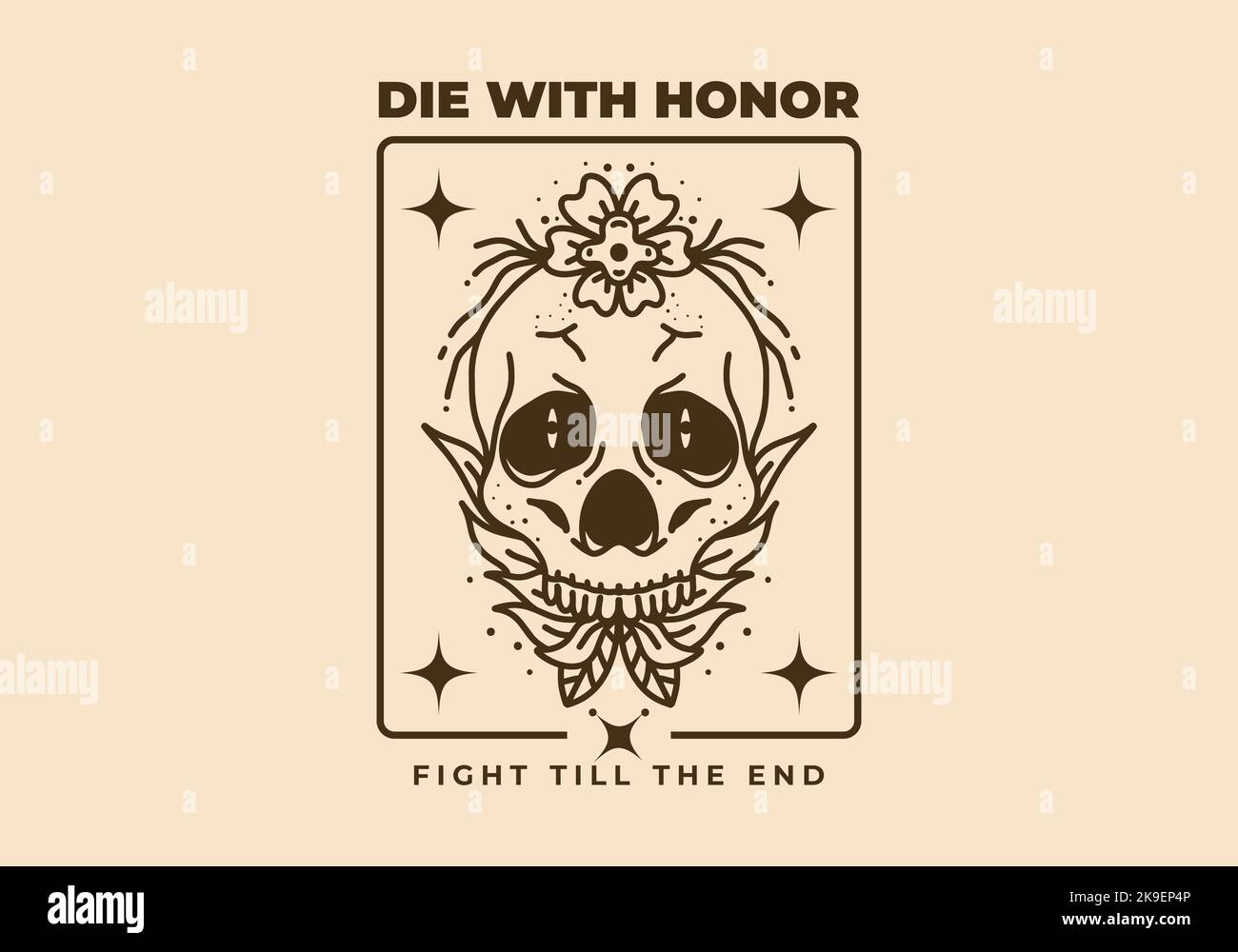 Vintage art illustration design of a skull with flower plant around it ...