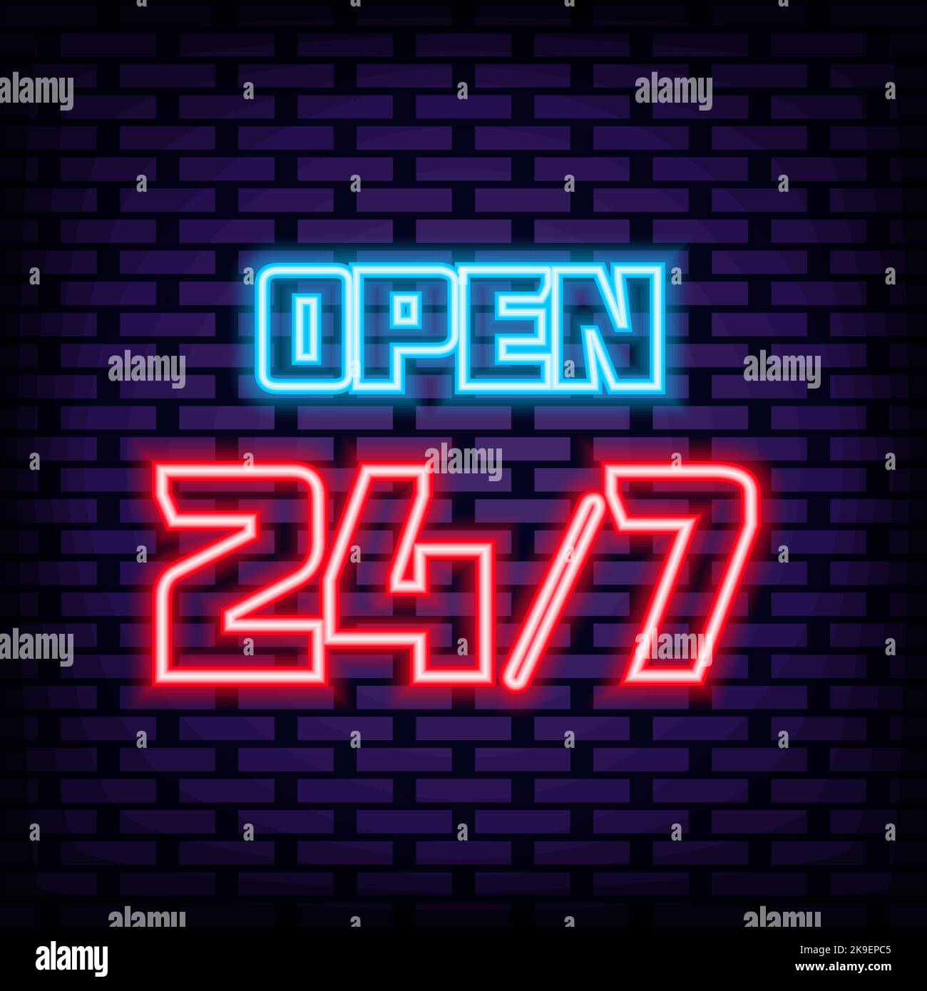 Open 24/7 Neon signboards. On brick wall background. Announcement neon ...