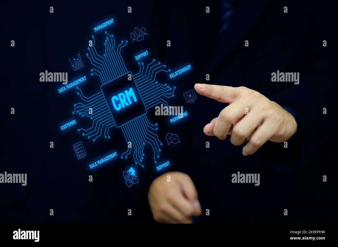 businessman pressing button on virtual screens CRM Customer ...