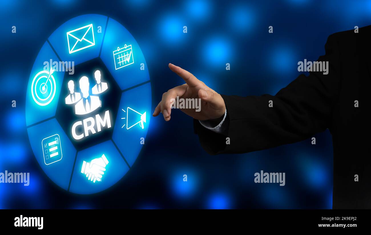 businessman pressing button on virtual screens CRM Customer ...