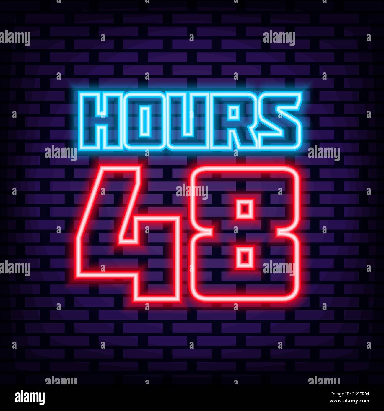 48 hours Neon signboards. On brick wall background. Night bright ...