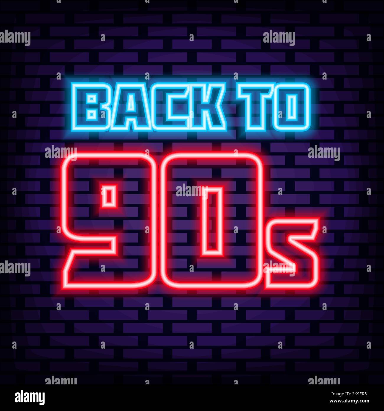 Back to 90s Neon sign. On brick wall background. Night bright ...
