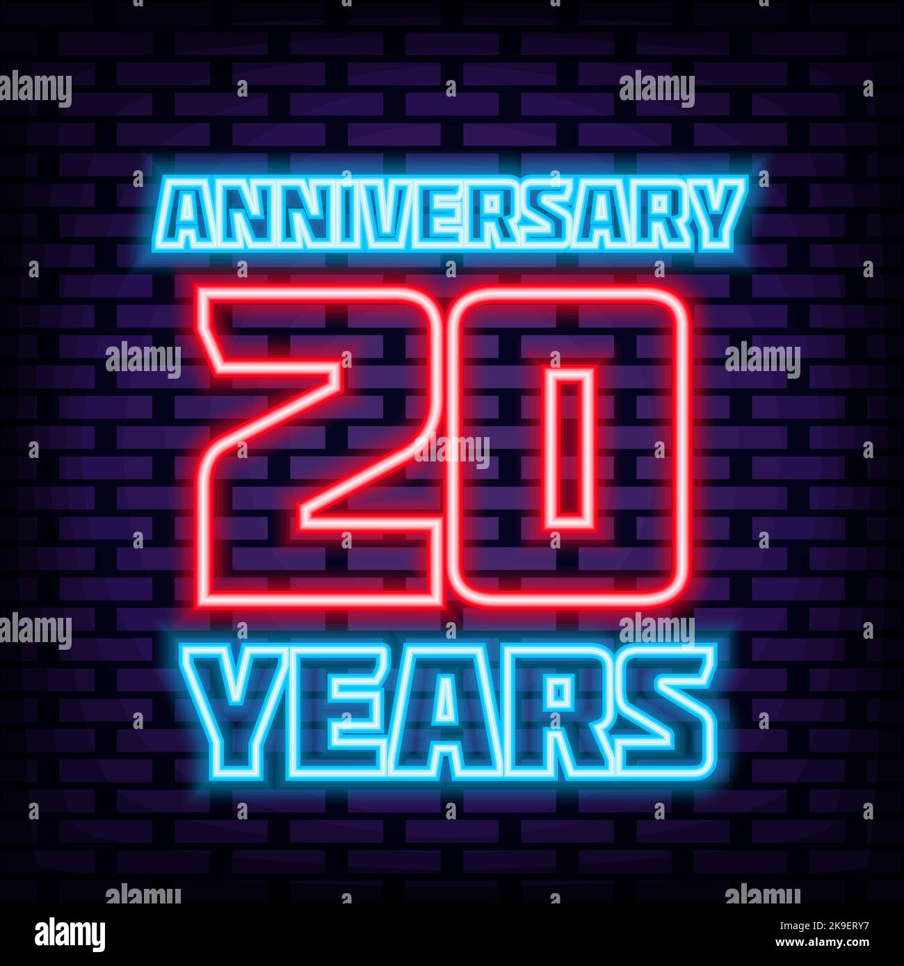 Anniversary 20 years Neon quote. On brick wall background. Light banner ...
