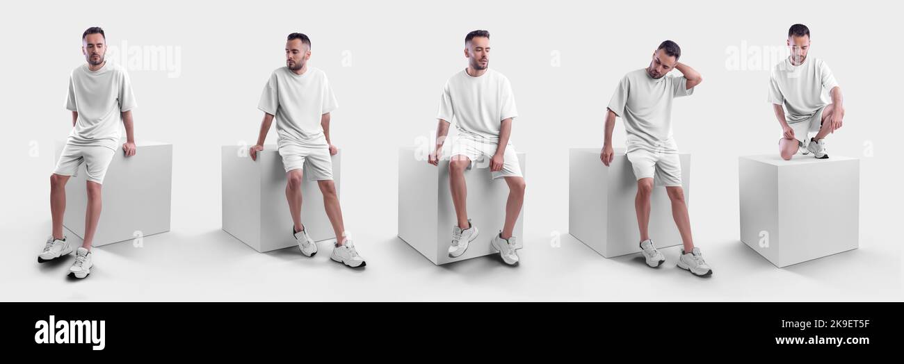 White Mockup men's suit oversized t-shirt on shorts on man on cube ...