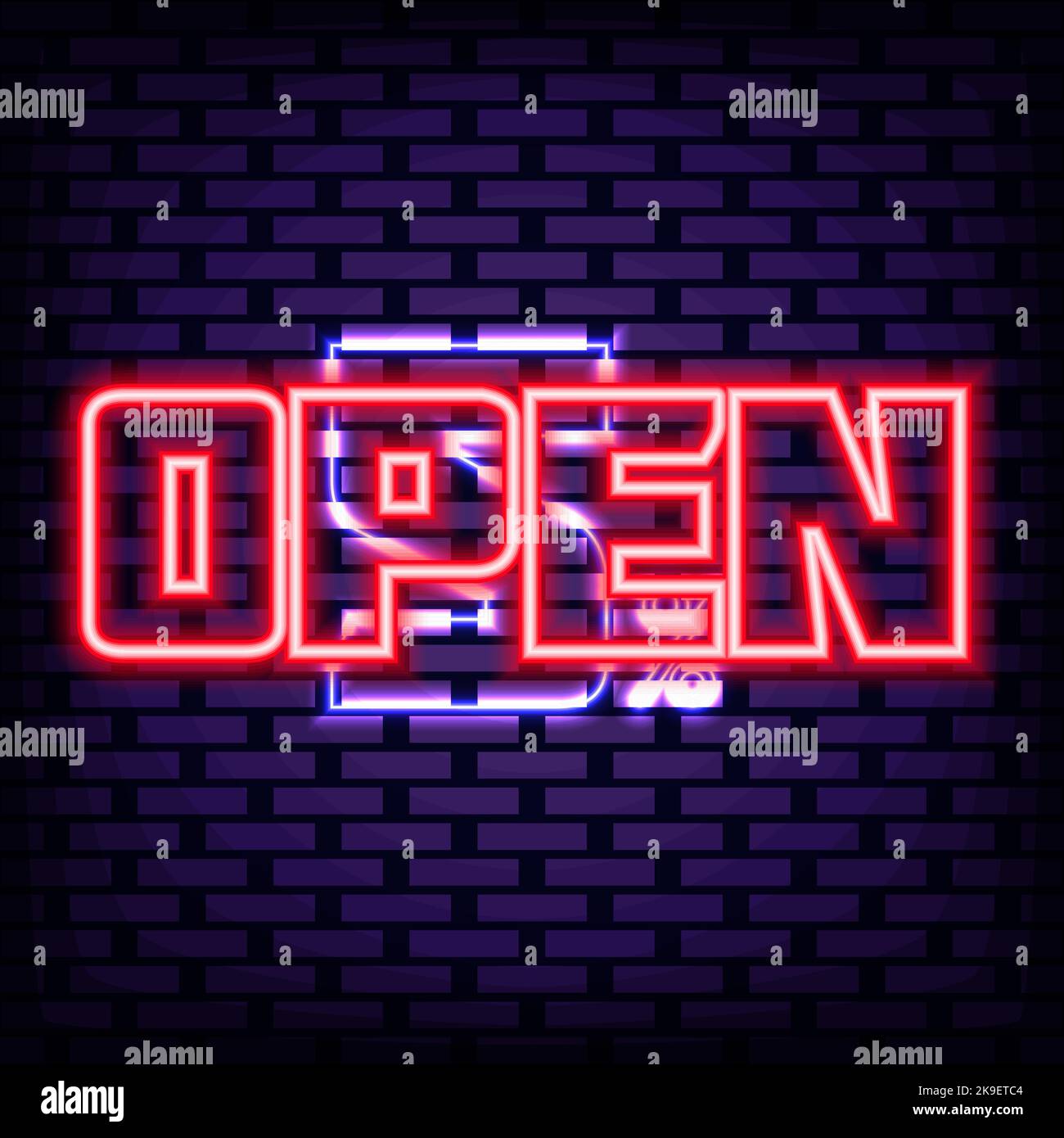 Open Neon signboards. Glowing with colorful neon light. Night bright ...
