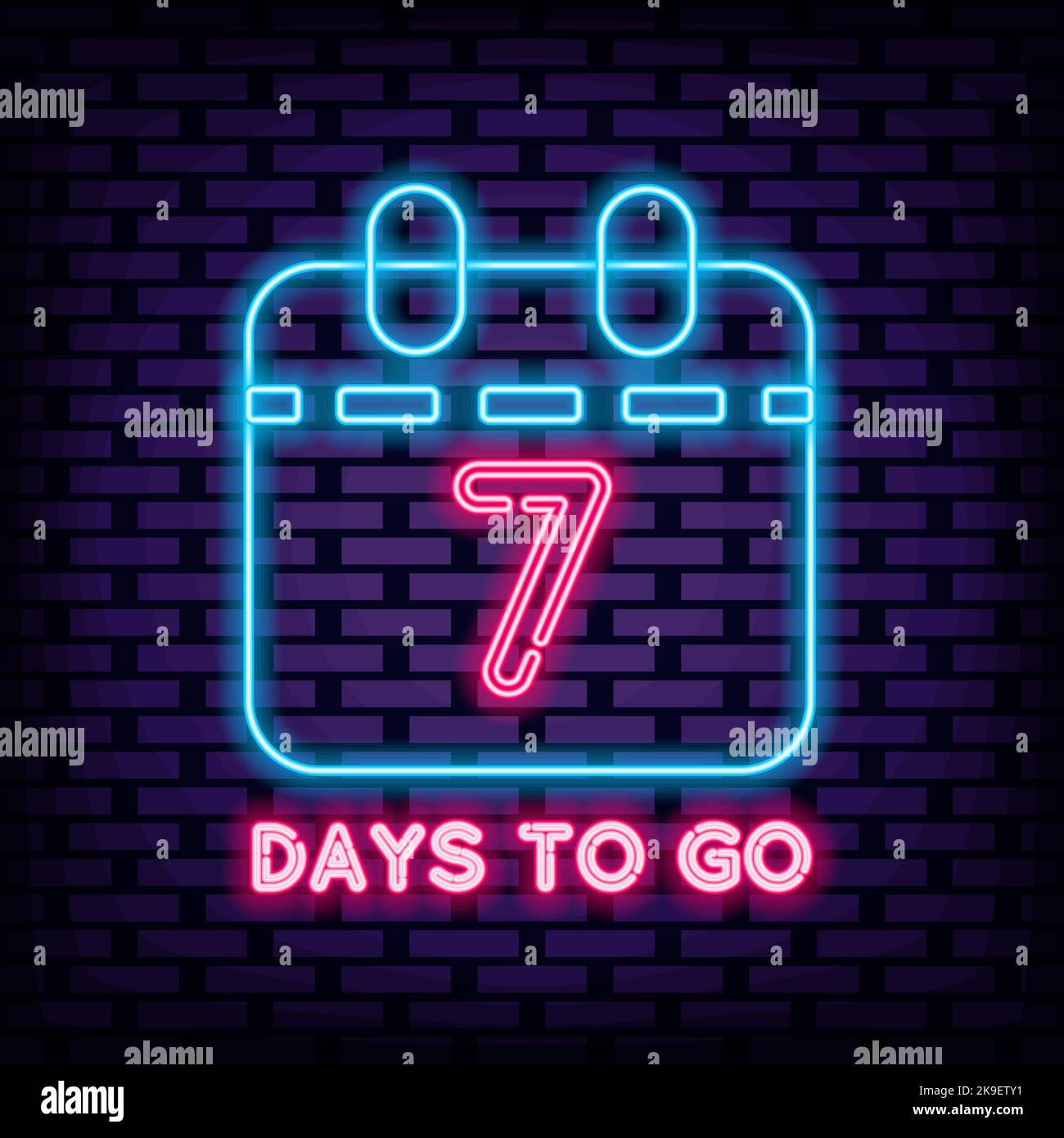 7 Days To Go Neon signboards. On brick wall background. Night advensing ...