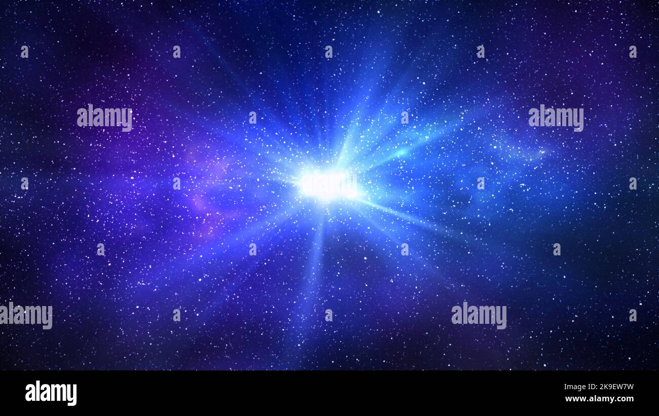 Burst of light in space. Night starry sky and bright blue galaxy ...