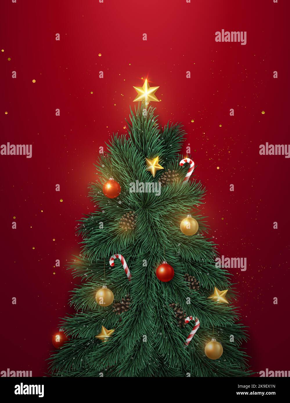 Merry Christmas composition 3D realistic pine fir tree candy cane and ...