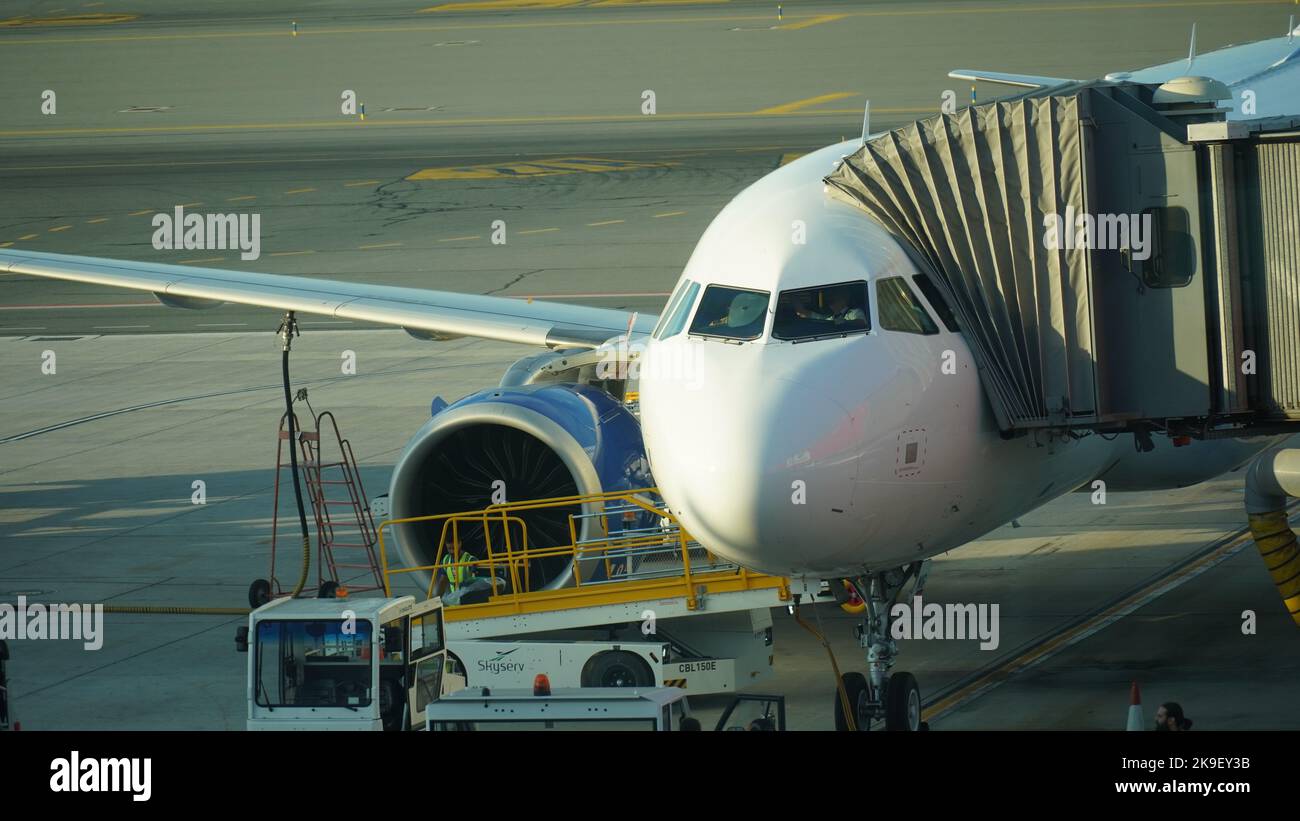 Cyprus, Larnaca - October 12, 2022:The plane is at the pull-out arm at ...