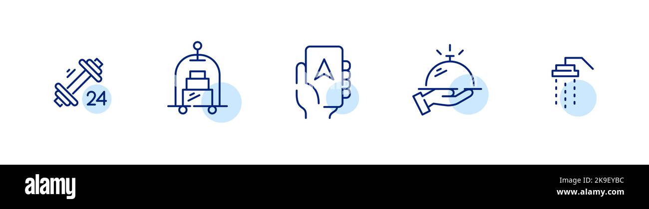 5 hotel amenities icons. 24 hour gym, room service, luggage delivery ...