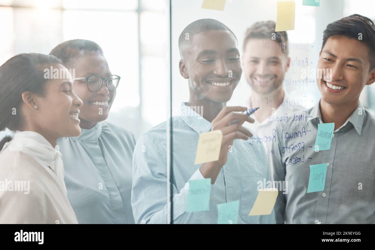 Business people, diversity and planning in collaboration with sticky ...