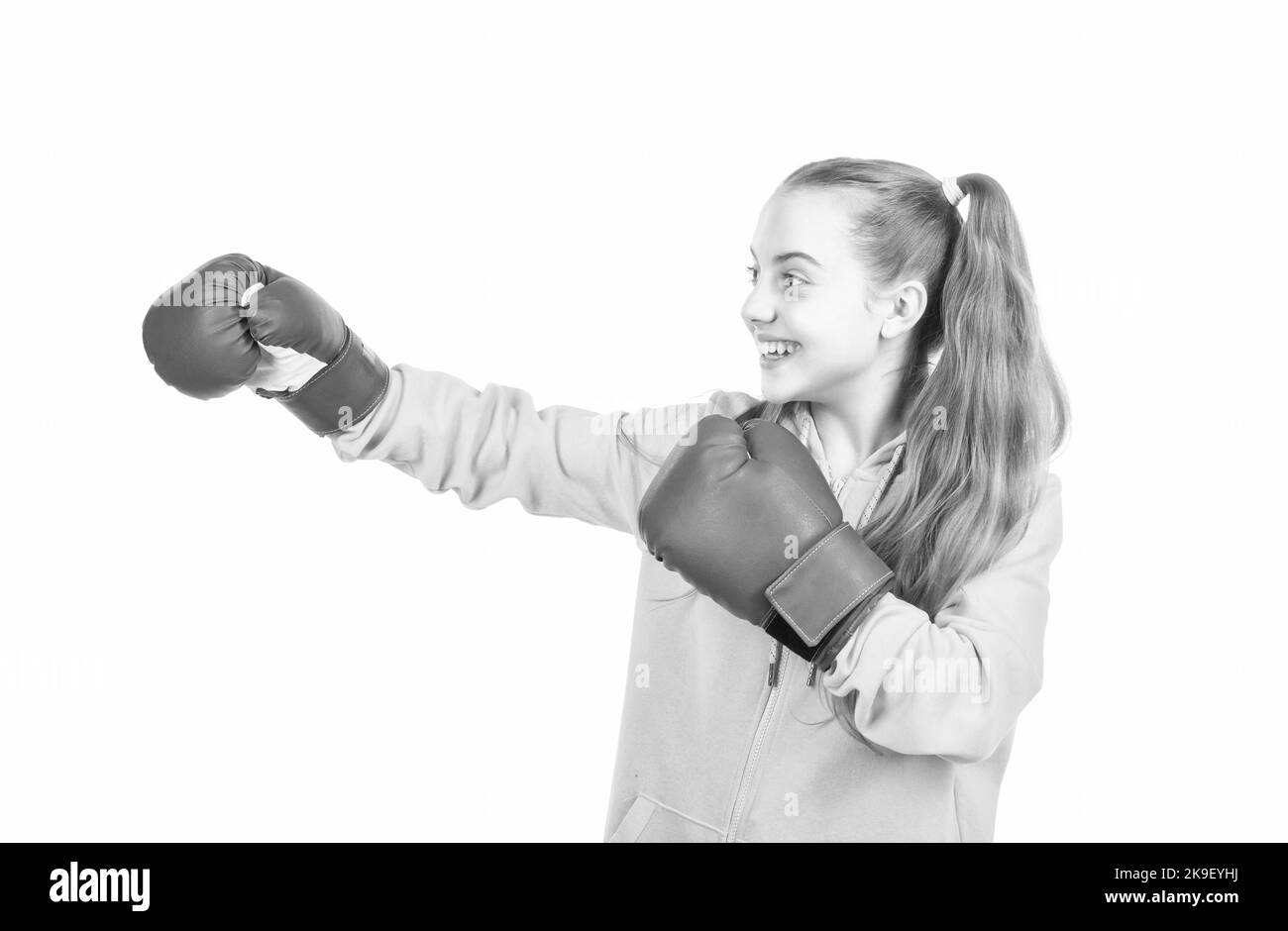happy child boxer in boxing gloves ready to fight and punch isolated on ...