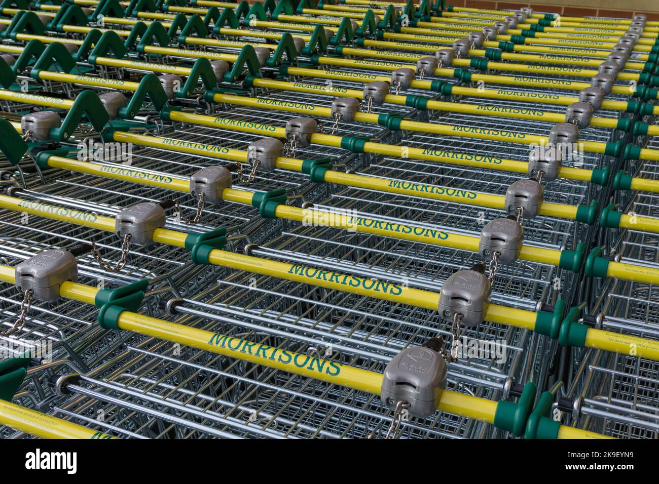 Row of Morrisons supermarket trollies lined up in the trolley bay ...