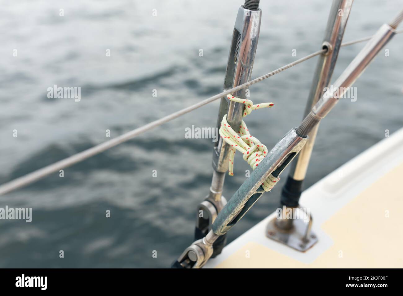 Yacht accessories, rope on the metal rope of the boat. Front view Stock ...