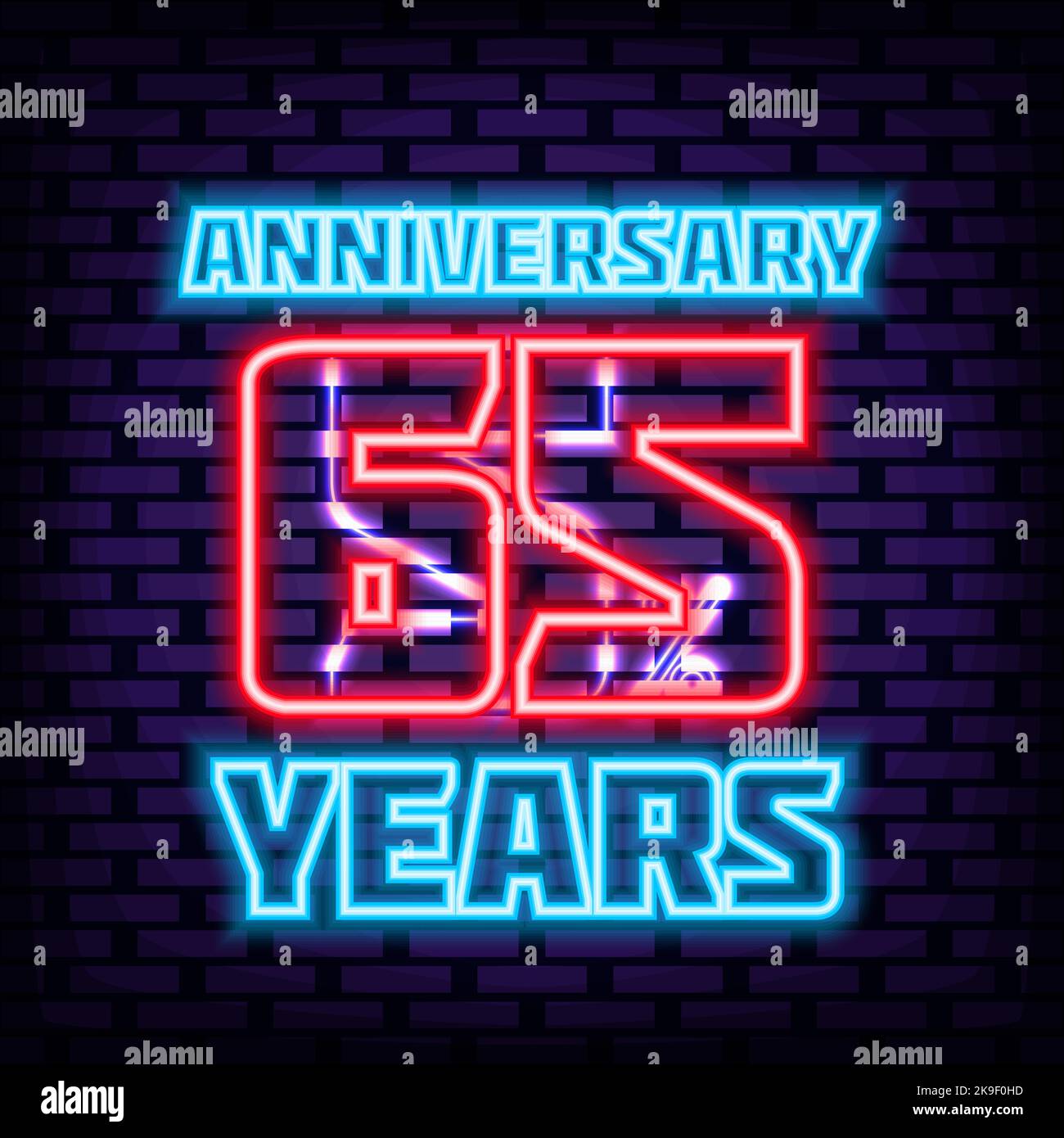 Anniversary 65 years Badge in neon style. Bright signboard. Light art ...