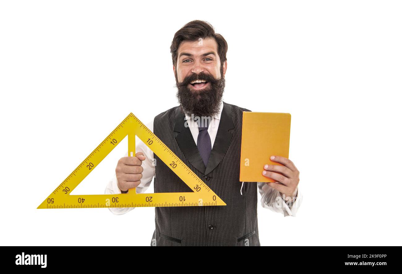 Geometric drawing. Technical drawing teacher isolated on white. Bearded ...