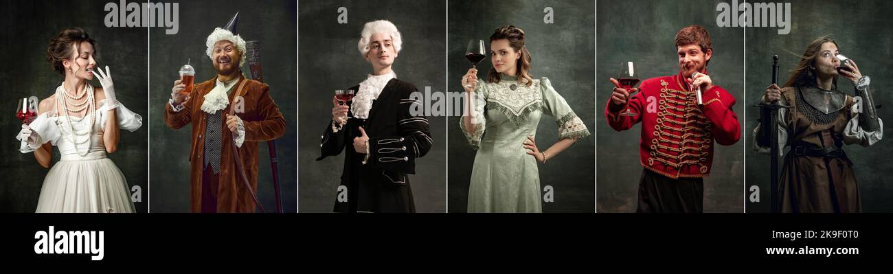 Wine tasting. Set of images of actors and actress in image of medieval ...