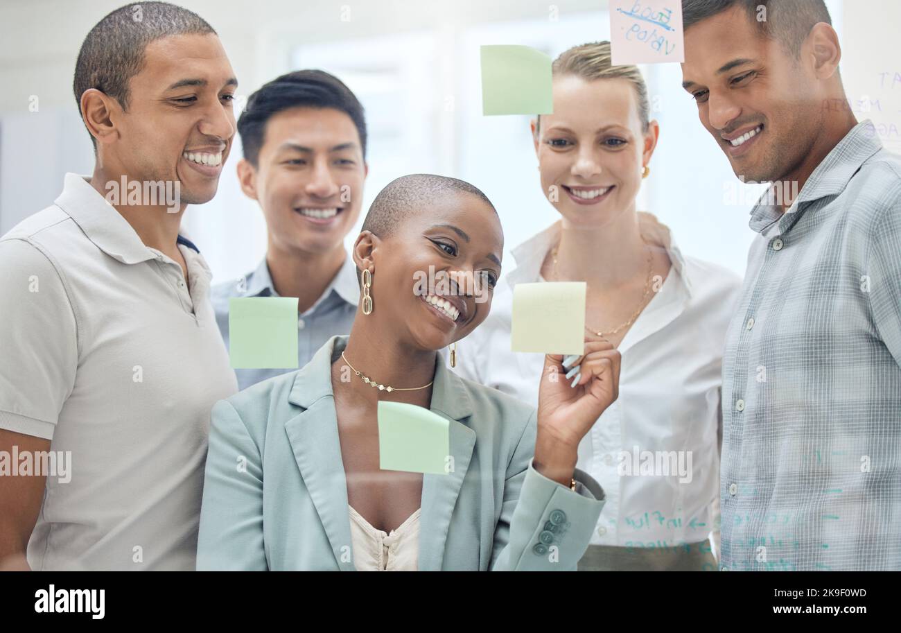 Sticky note, planning meeting and diversity teamwork on brainstorming ...