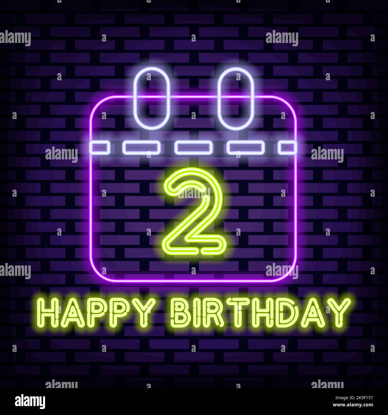Happy 2nd Birthday Badge in neon style. On brick wall background. Light ...
