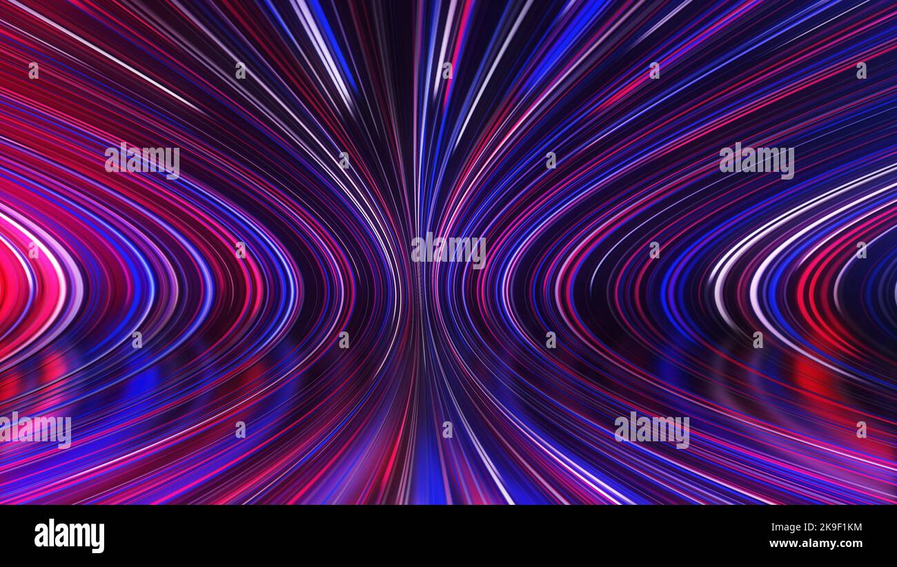 3D rendering of an abstract panoramic neon background with glowing rays ...