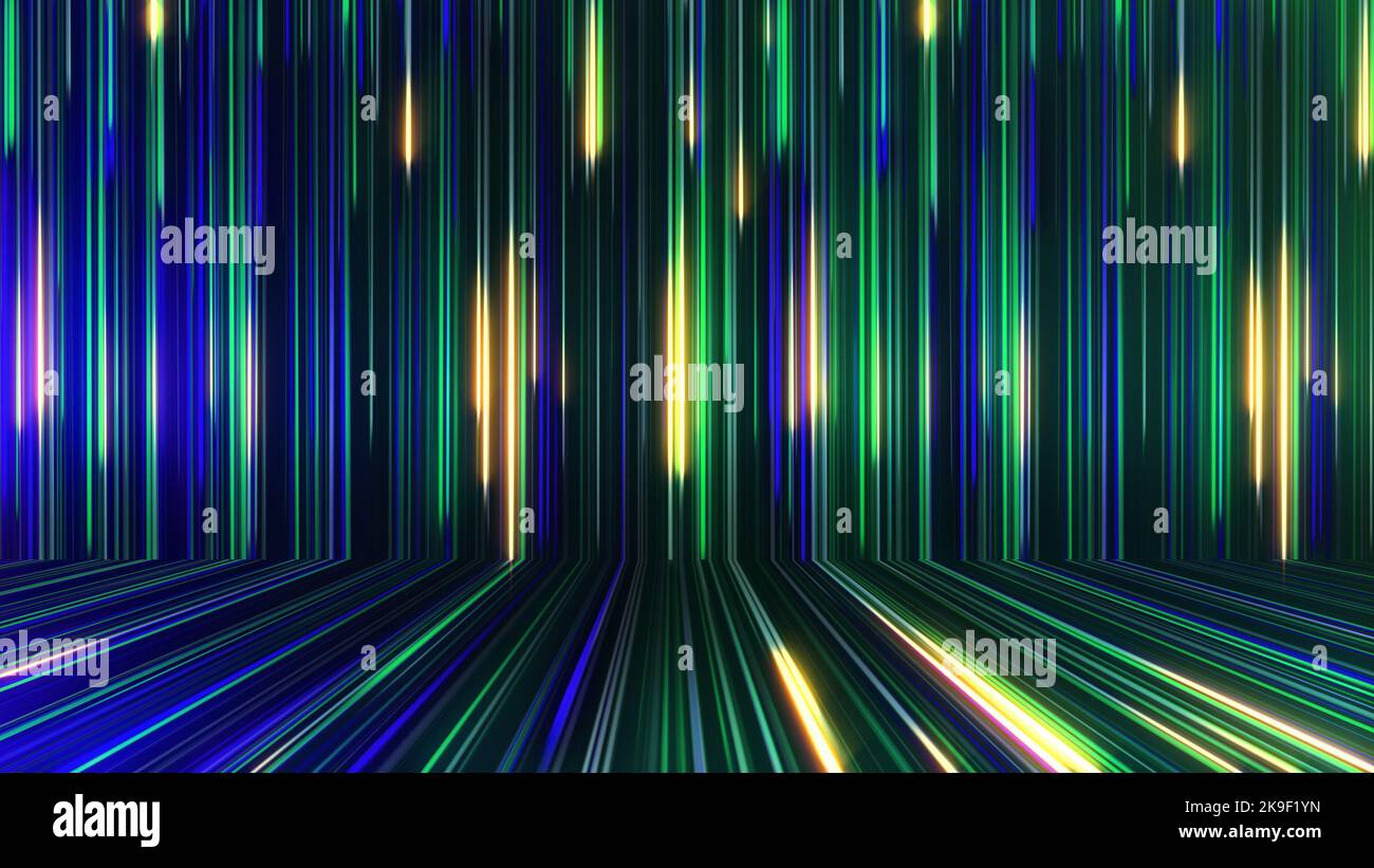 3D rendering of an abstract panoramic neon background with glowing rays ...