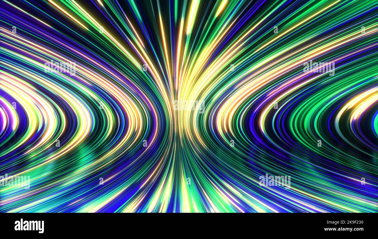3D rendering of an abstract panoramic neon background with glowing rays ...