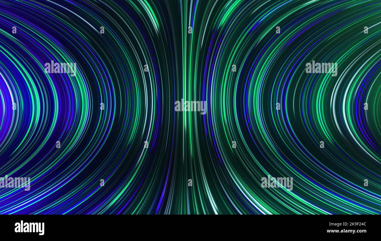3D rendering of an abstract panoramic neon background with glowing rays ...