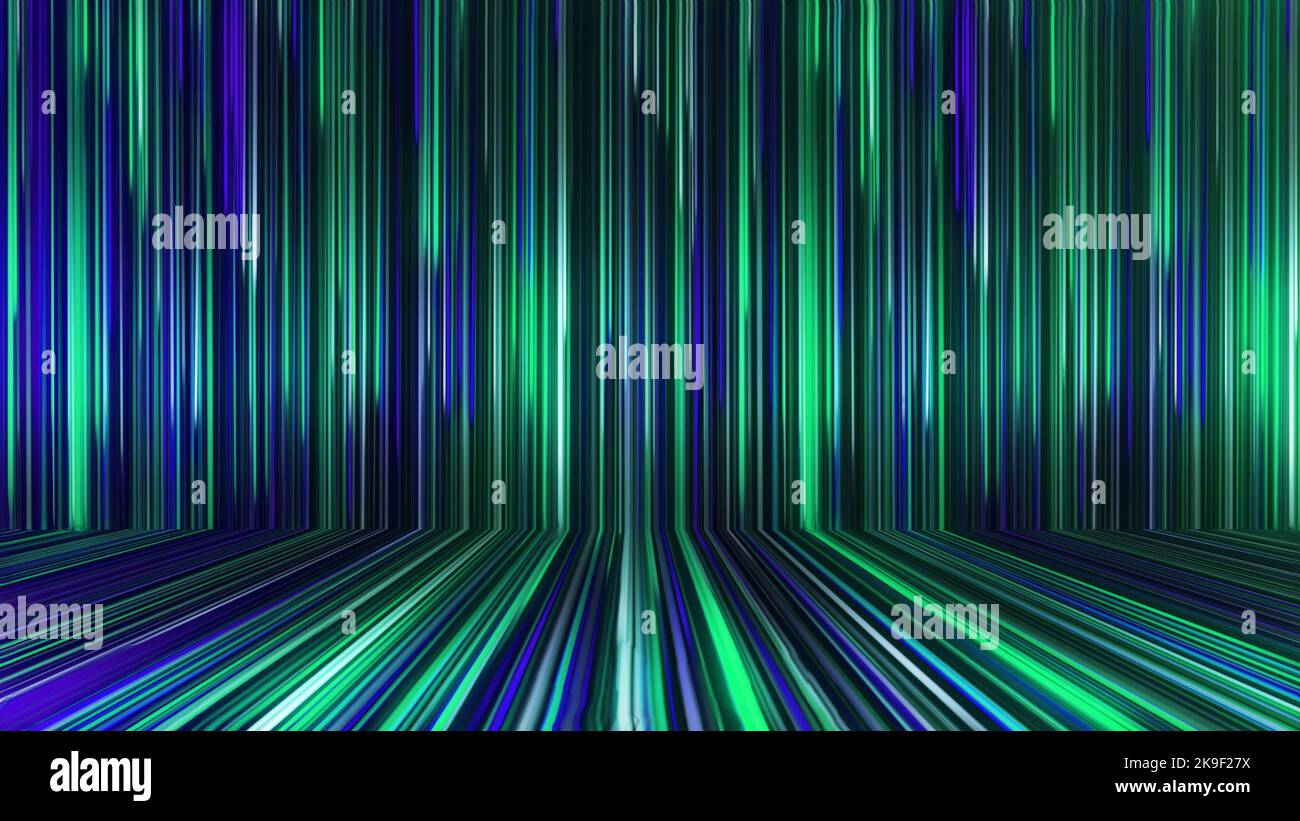 3D rendering of an abstract panoramic neon background with glowing rays ...