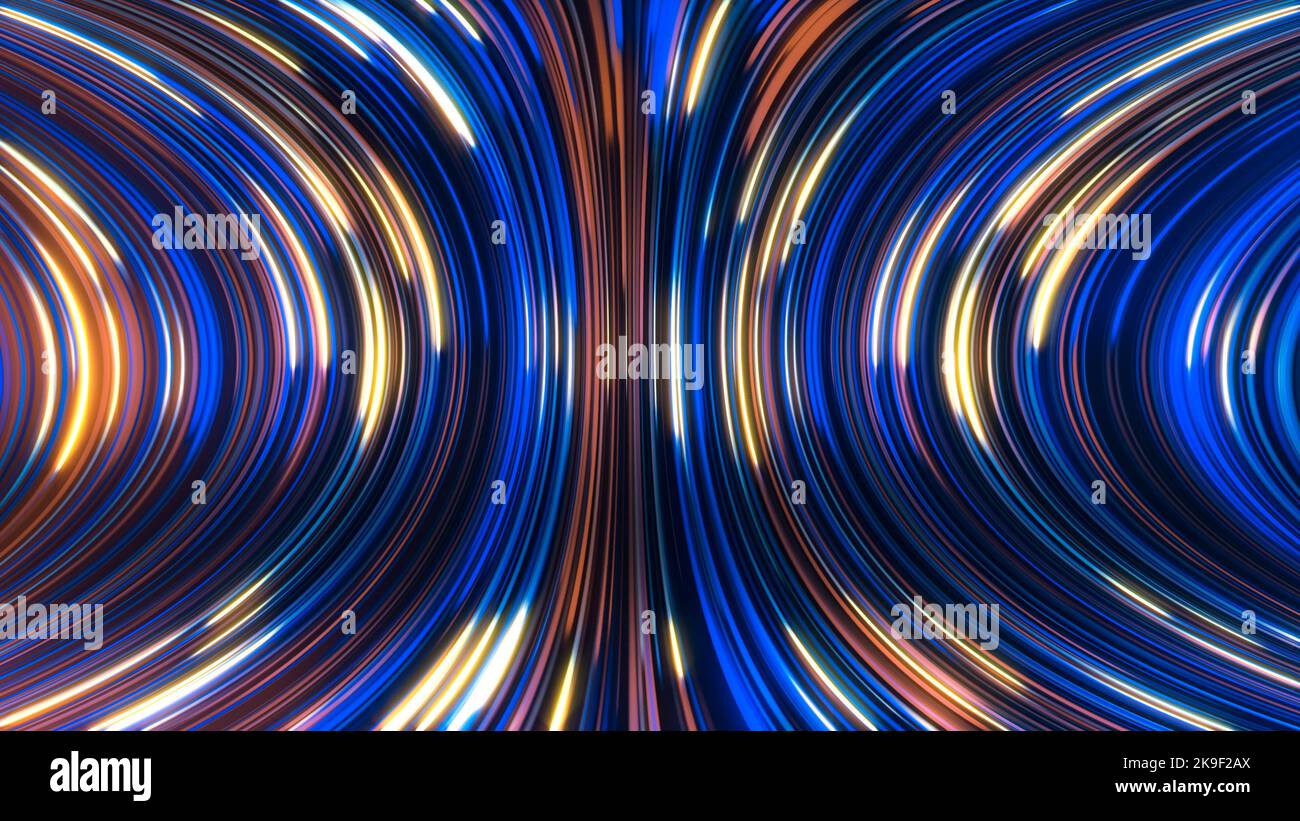 3D rendering of an abstract panoramic neon background with glowing rays ...