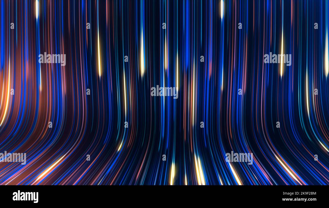 3D rendering of an abstract panoramic neon background with glowing rays ...