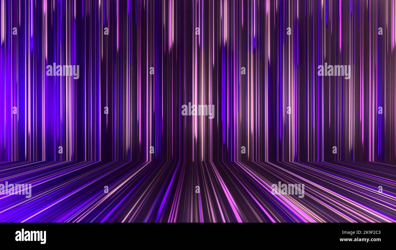 3D rendering of an abstract panoramic neon background with glowing rays. Colored rays move along ...