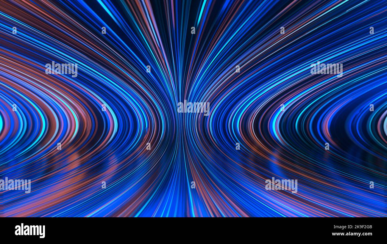 3D rendering of an abstract panoramic neon background with glowing rays ...