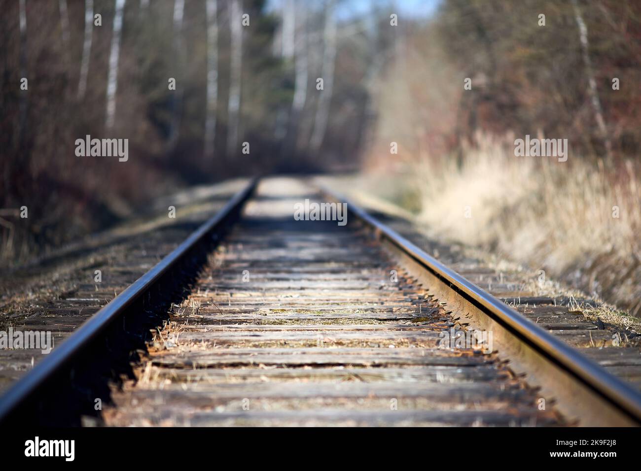 Selective focus on going straight railway abandoned rusty near spring ...