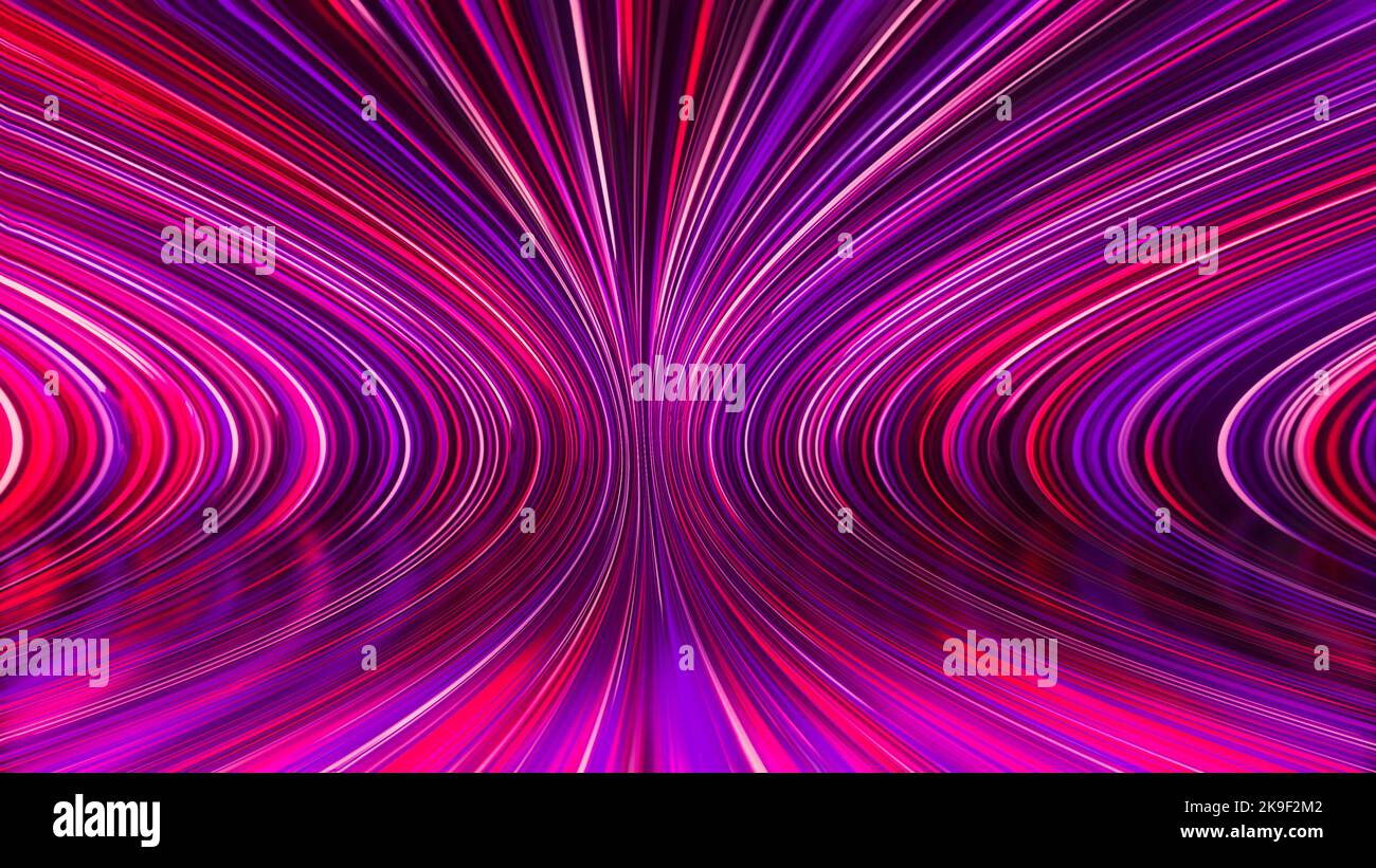 3D rendering of an abstract panoramic neon background with glowing rays ...