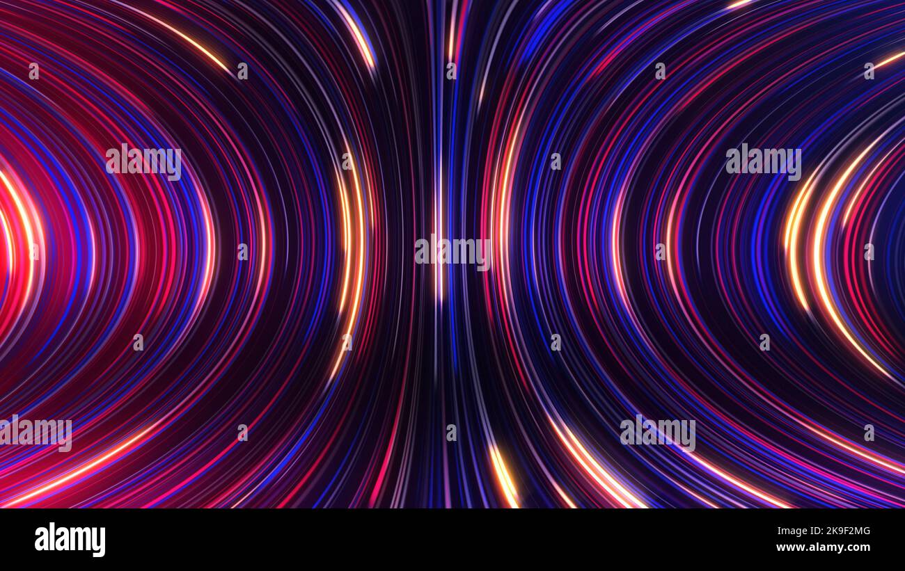 3D rendering of an abstract panoramic neon background with glowing rays ...