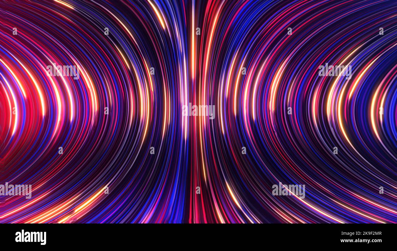 3D rendering of an abstract panoramic neon background with glowing rays ...