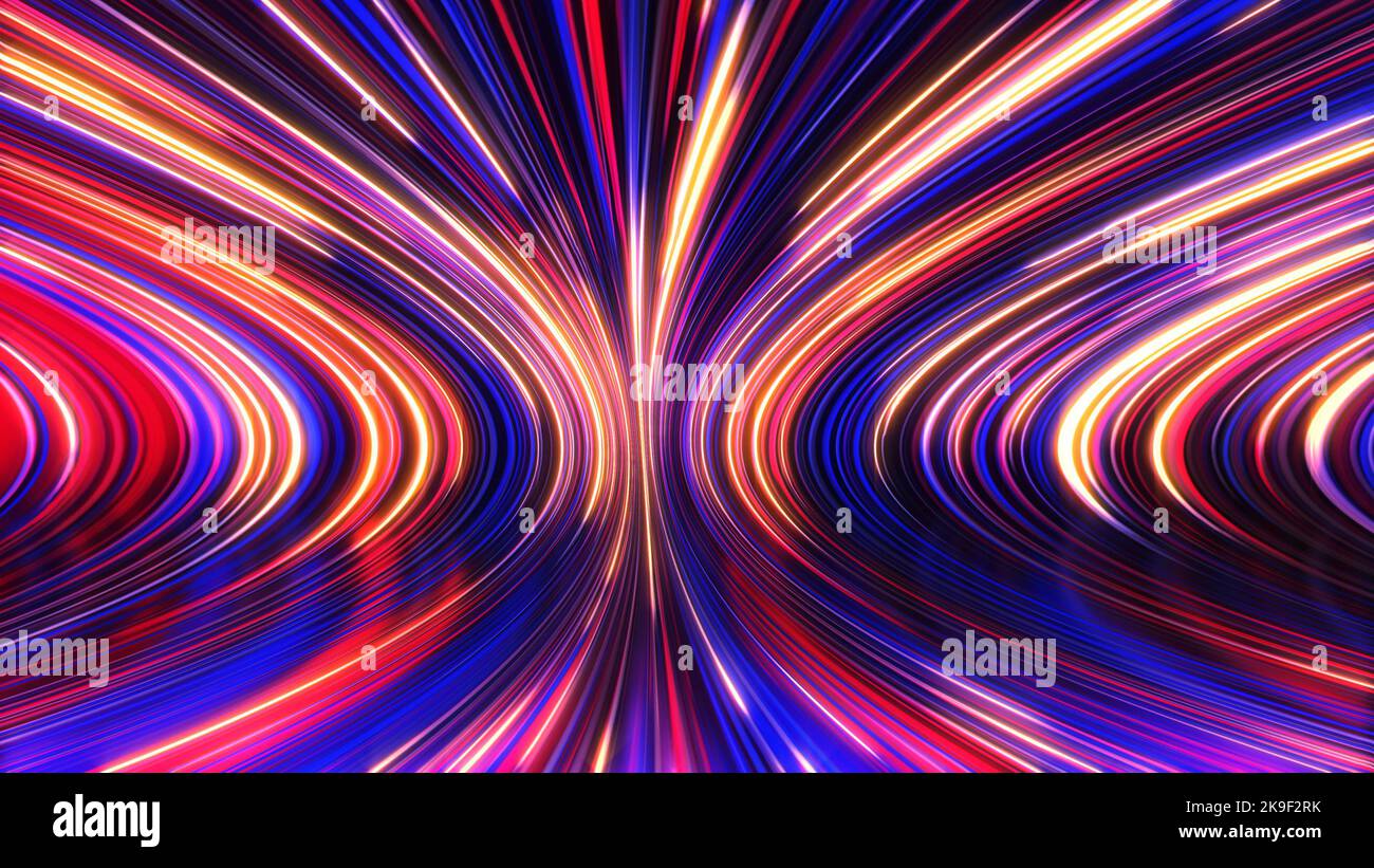 3D rendering of an abstract panoramic neon background with glowing rays ...