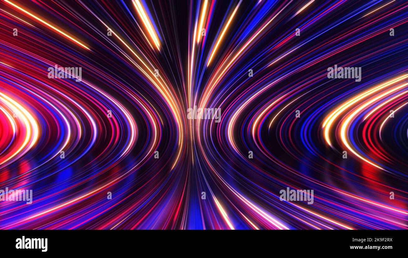 3D rendering of an abstract panoramic neon background with glowing rays ...