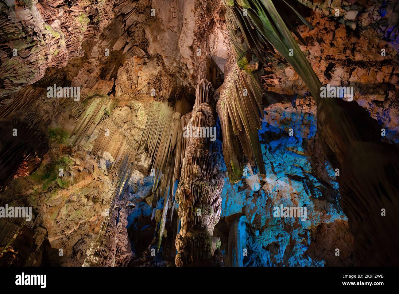 Saint Michael's Cave with colorful lights. Natural Rock Formation Stock ...