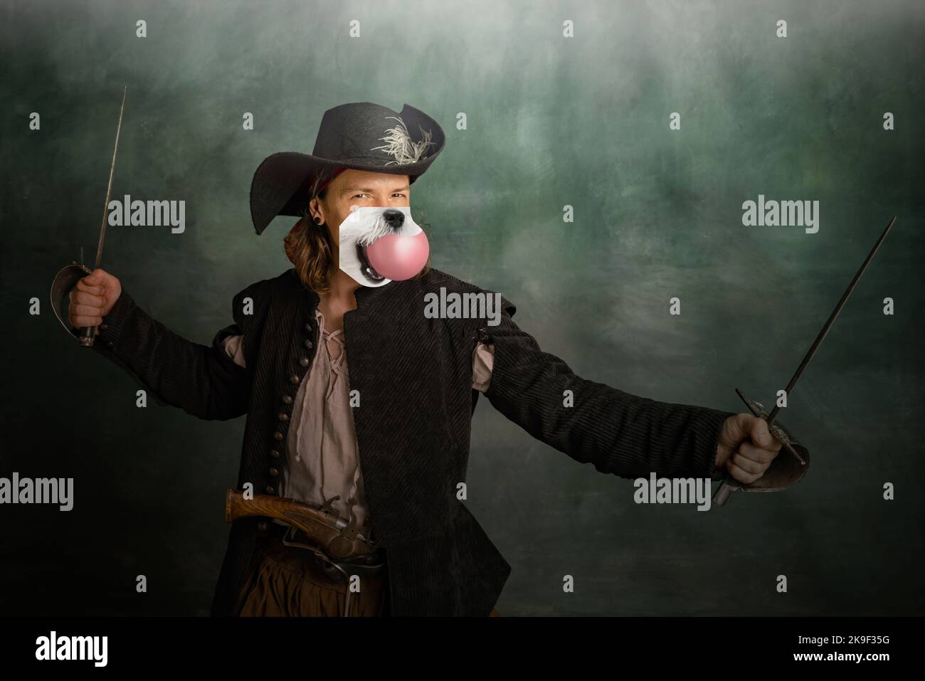 Creative art collage. Man in image of medieval knight in costume with ...