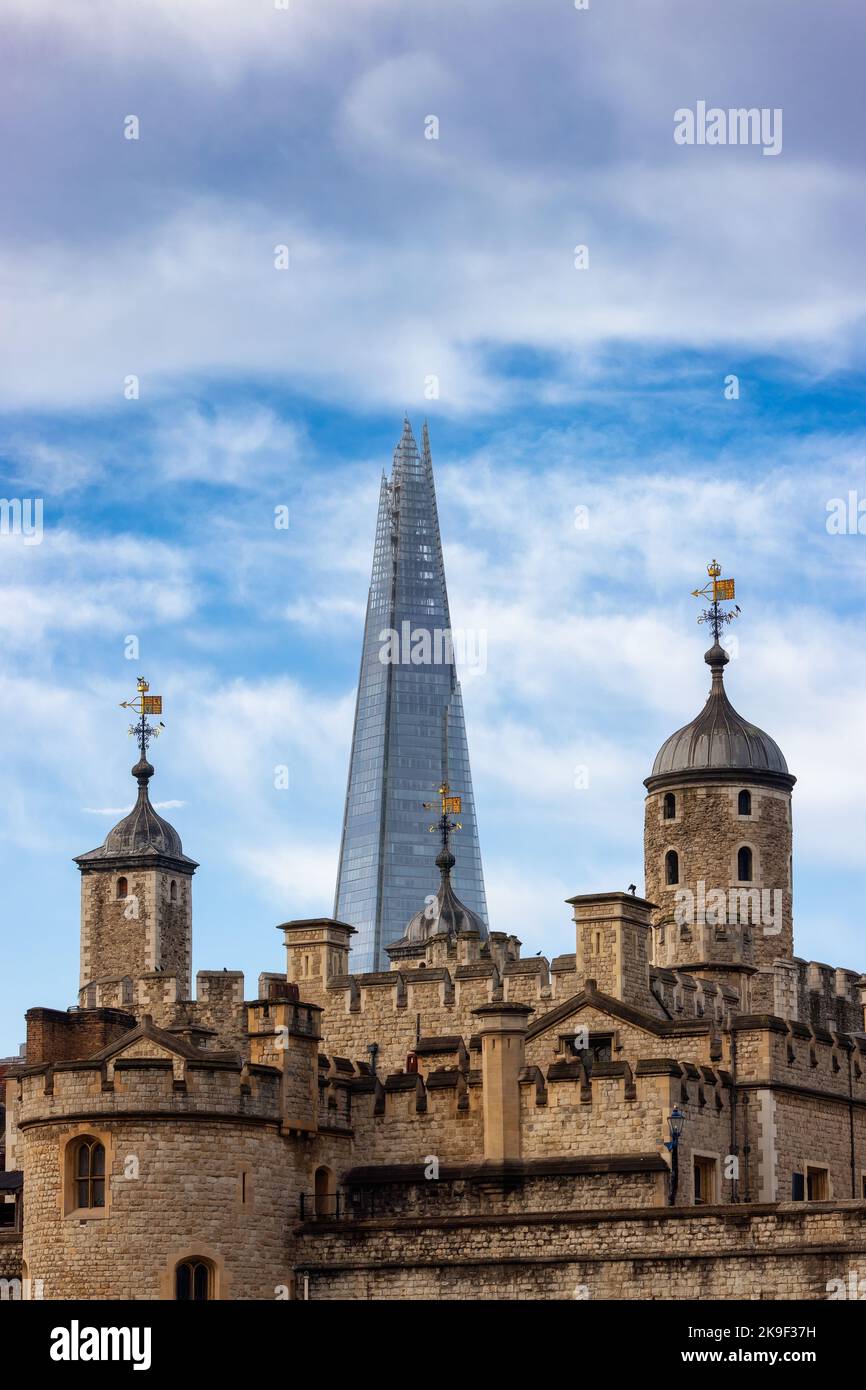 Historic Brick Building, Tower of London, in a modern city during ...