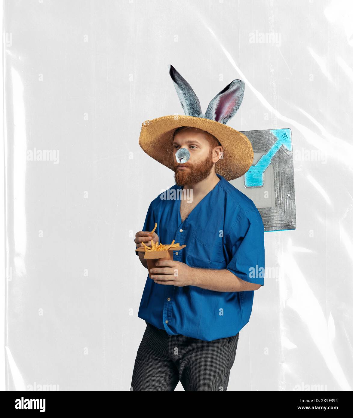 Contemporary art collage.. Portrait of young red headed bearded man in ...