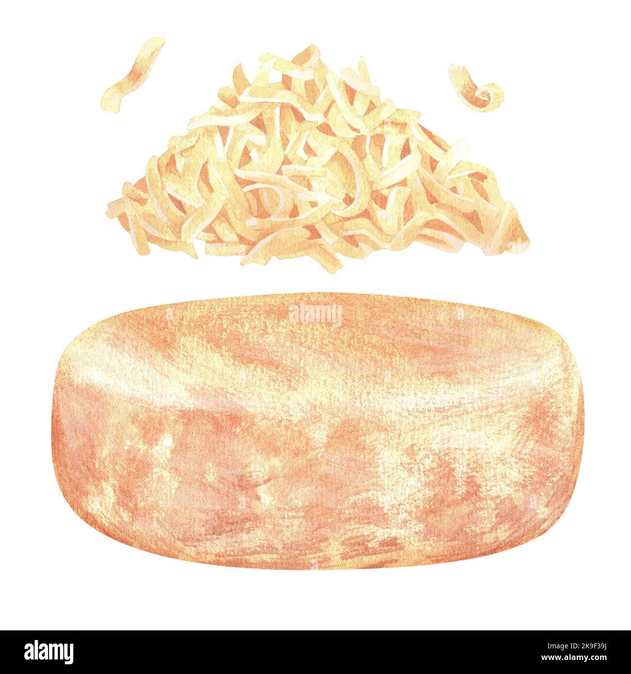 A head of cheese and a handful of grated cheese. Watercolor ...