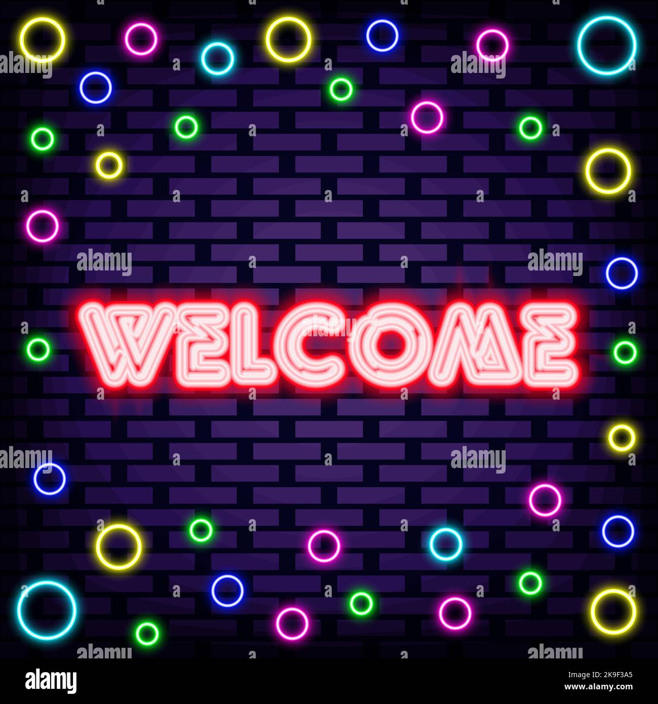 Welcome Badge in neon style. On brick wall background. Night bright ...