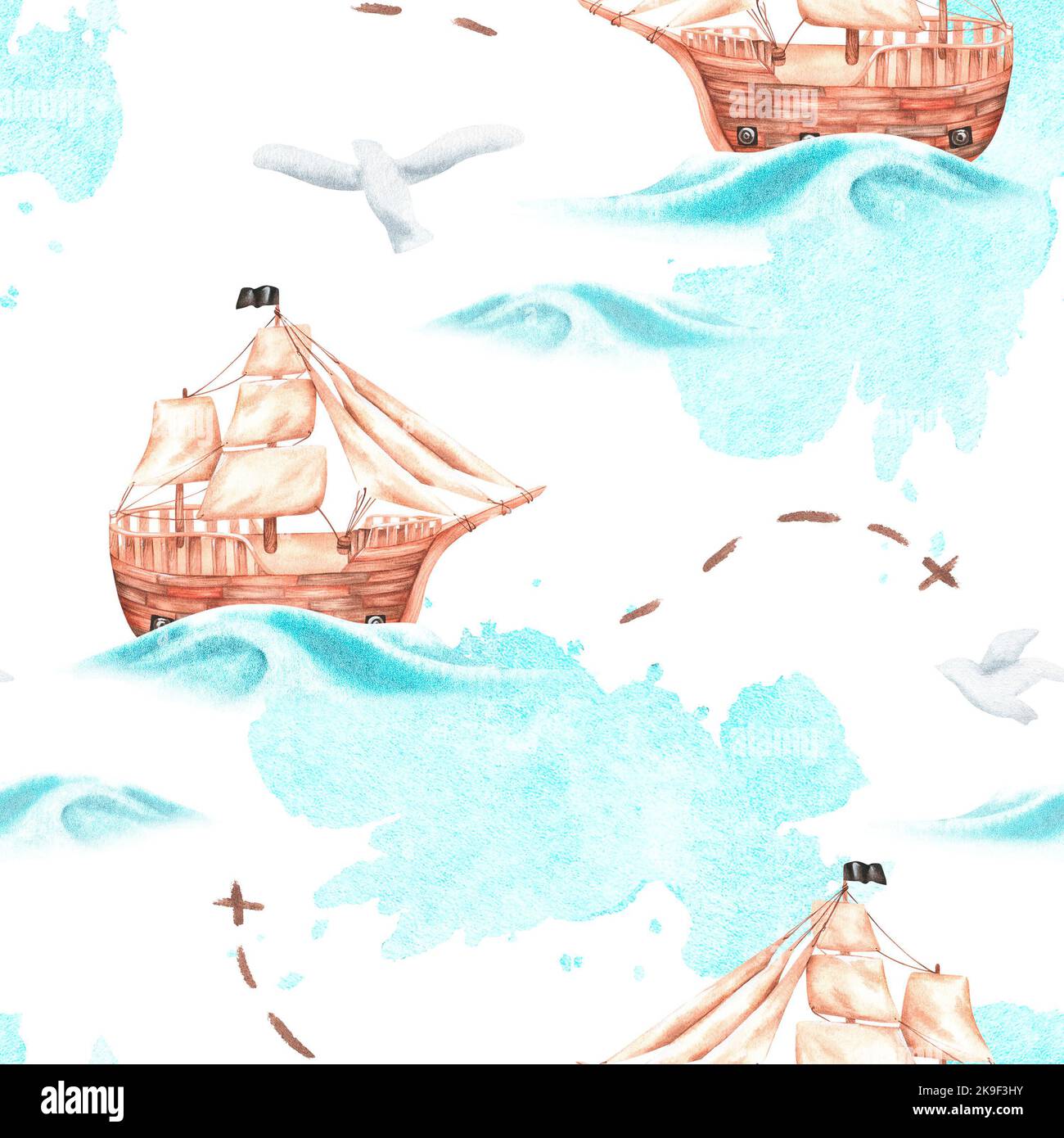 Seamless pattern ship in the sea and seagulls. Pirate ship. Watercolor ...