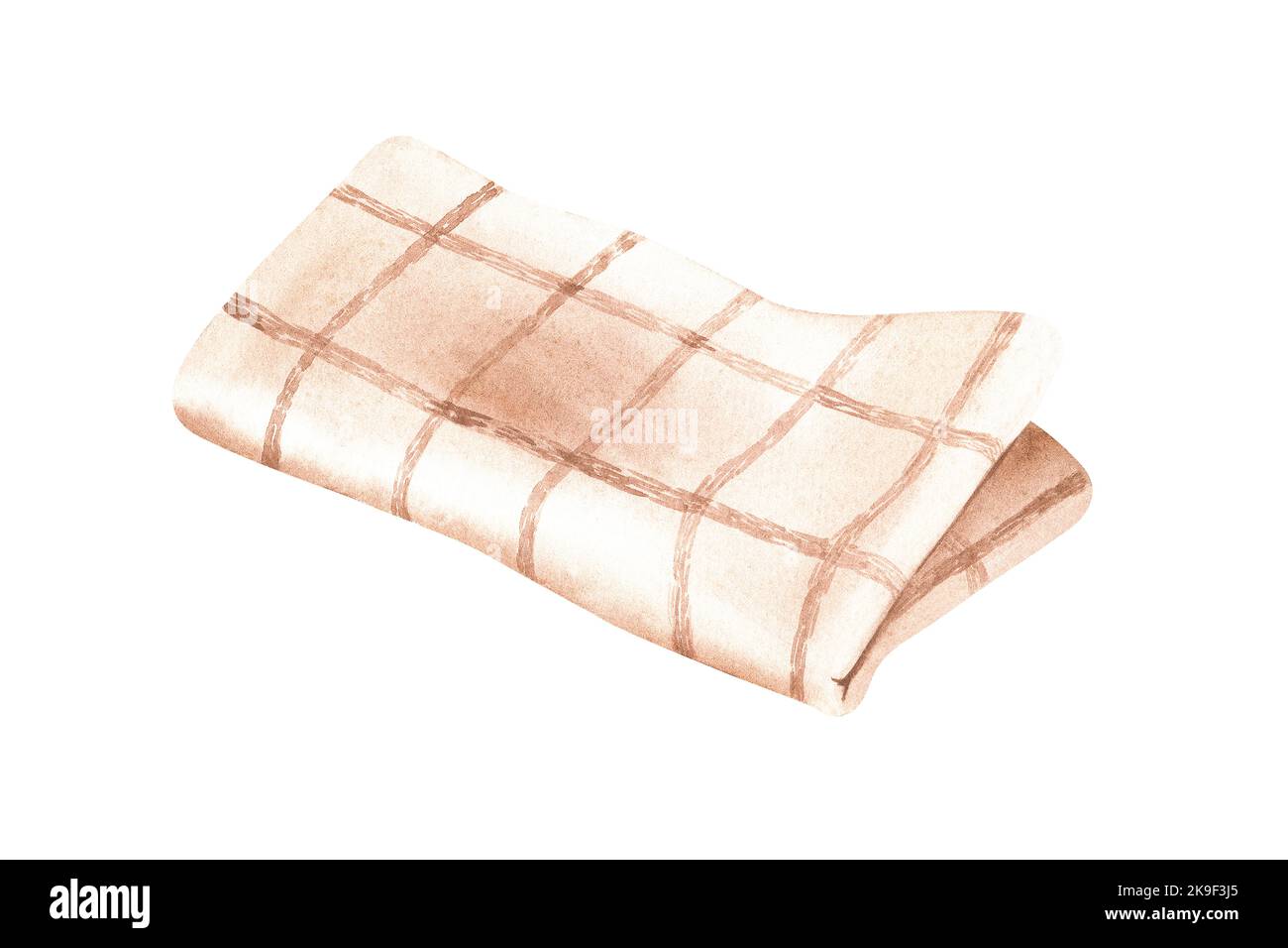 The checkered towel lies folded. Beige fabric. Watercolor illustration ...