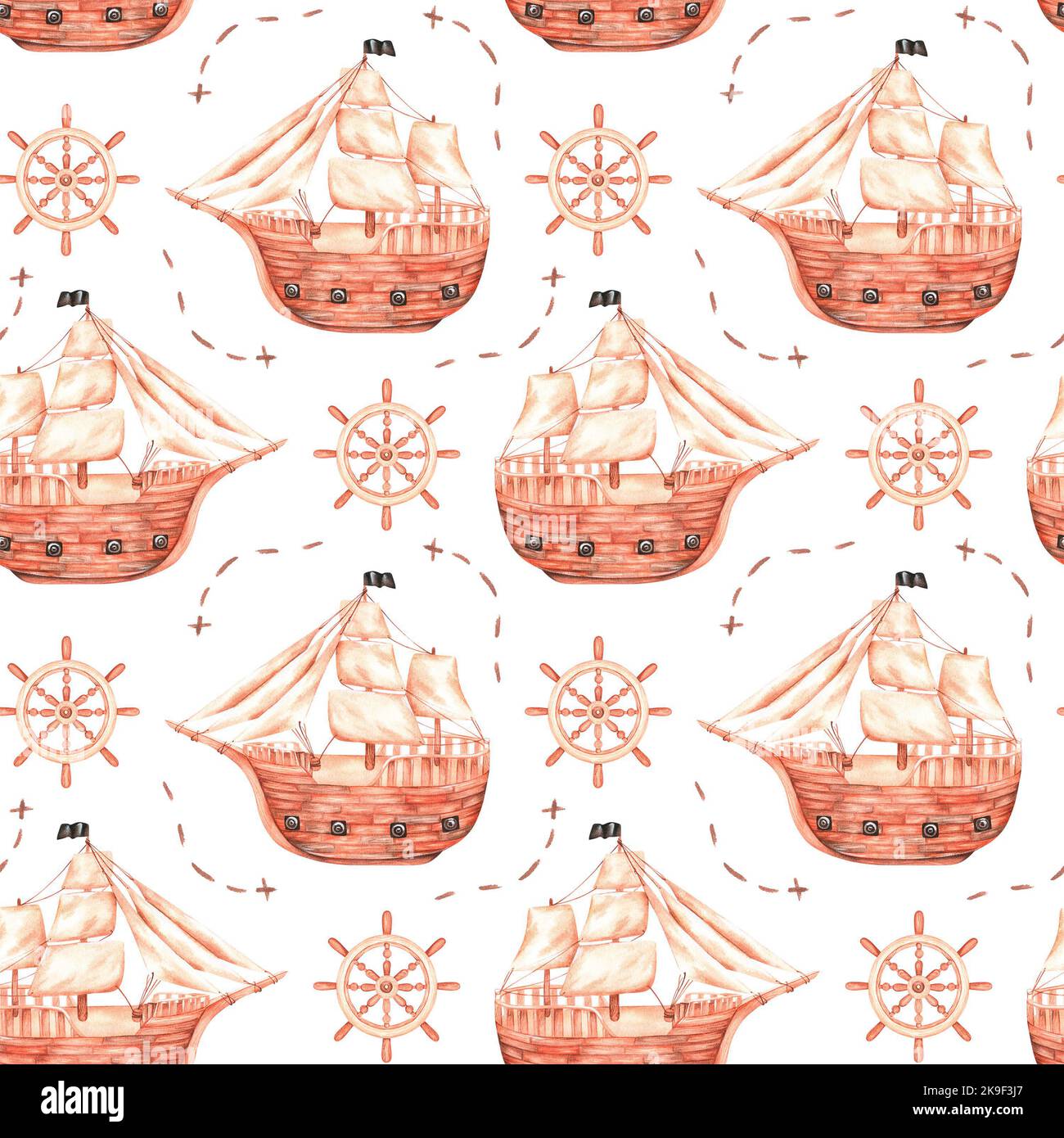 Seamless pattern sailing ship and steering wheel. Pirate ship ...