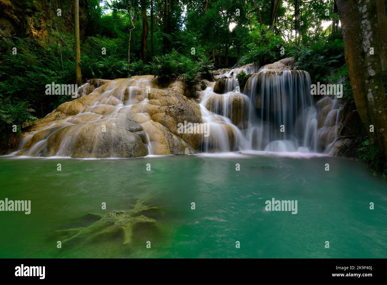 A beautiful Waterfall in the green forest with green water flowing on ...