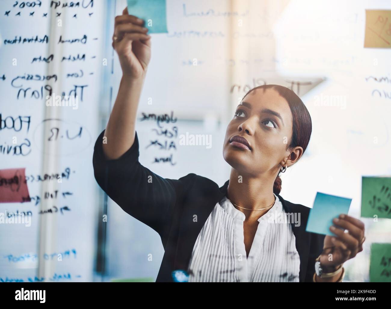 Her mind is buzzing with new ideas. a young businesswoman brainstorming ...